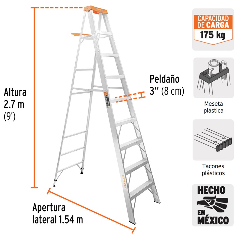 ESCALERA DE ALUMINIO 8 PASOS TRUPER TIPO TIJERA 175 KG – PCV